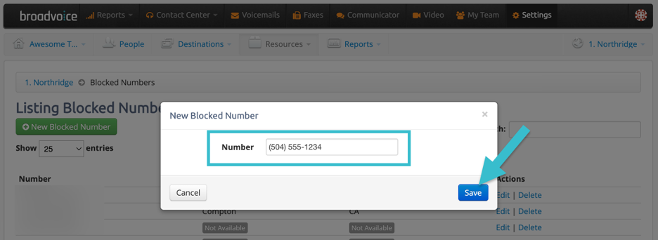 b-hive Admin: Blocking Numbers